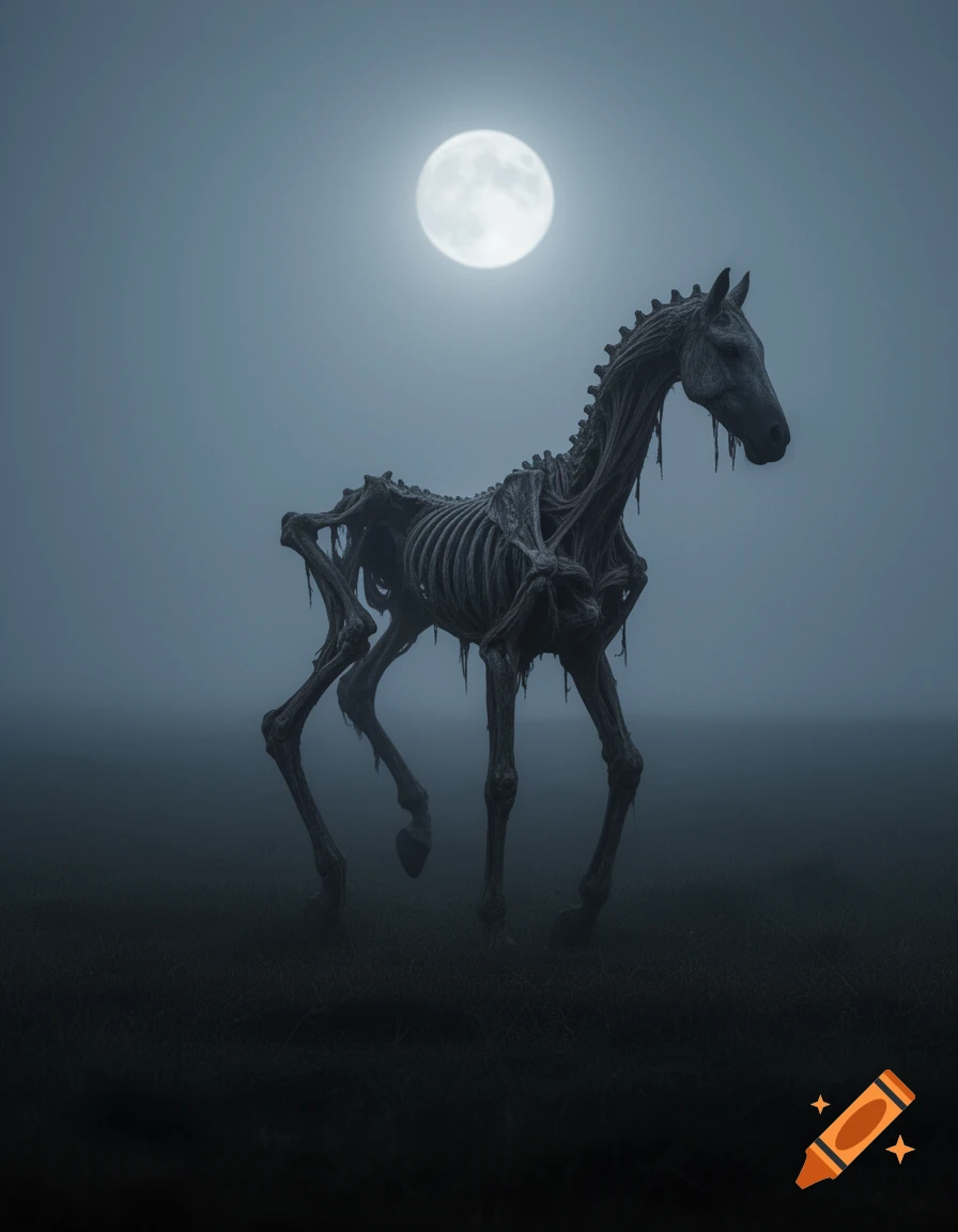 Photorealistic skeletal zombie horse with dripping flesh under a full ...