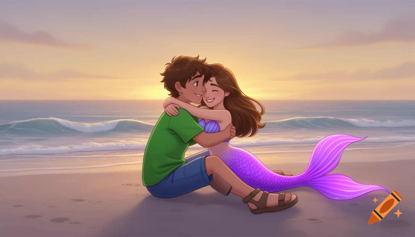 Cartoon illustration of a boy and a mermaid hugging on a sandy beach by ...