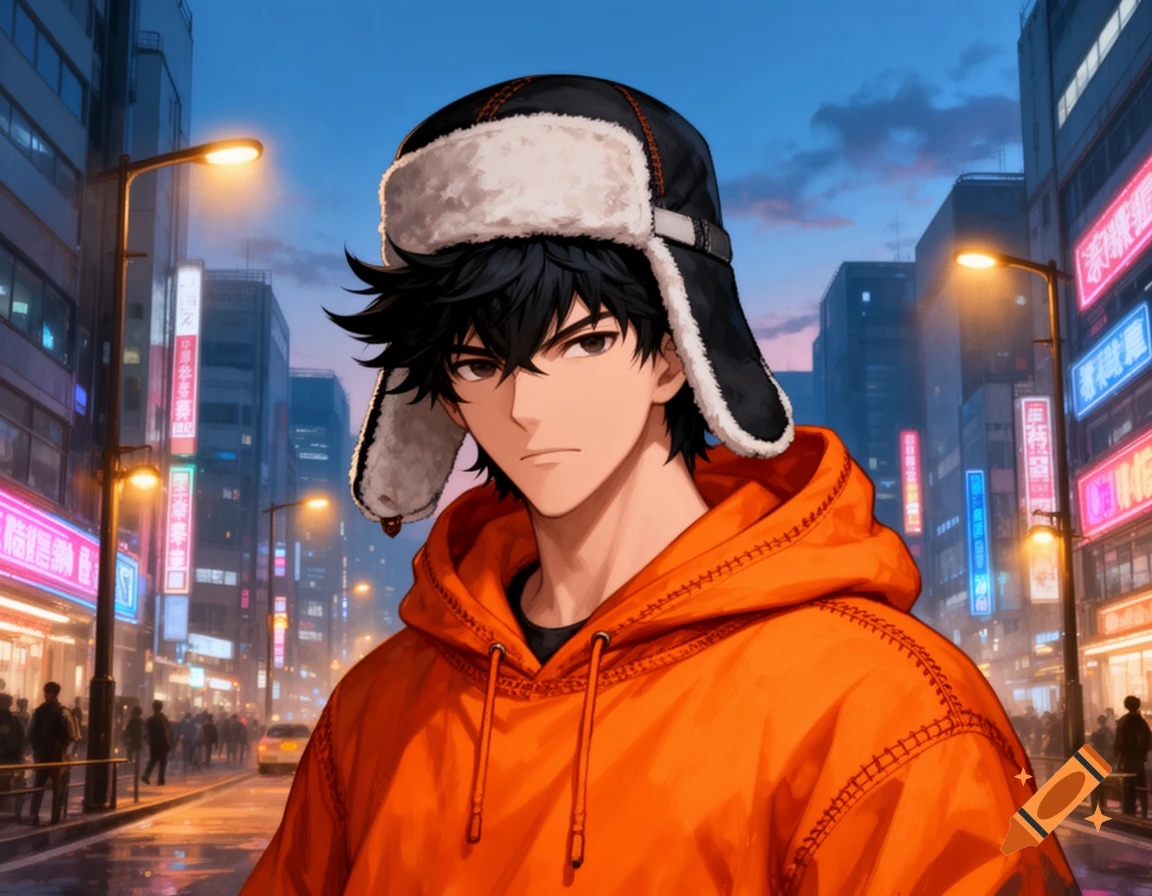 Anime male in an orange hoodie and ushanka hat on a neon-lit city ...