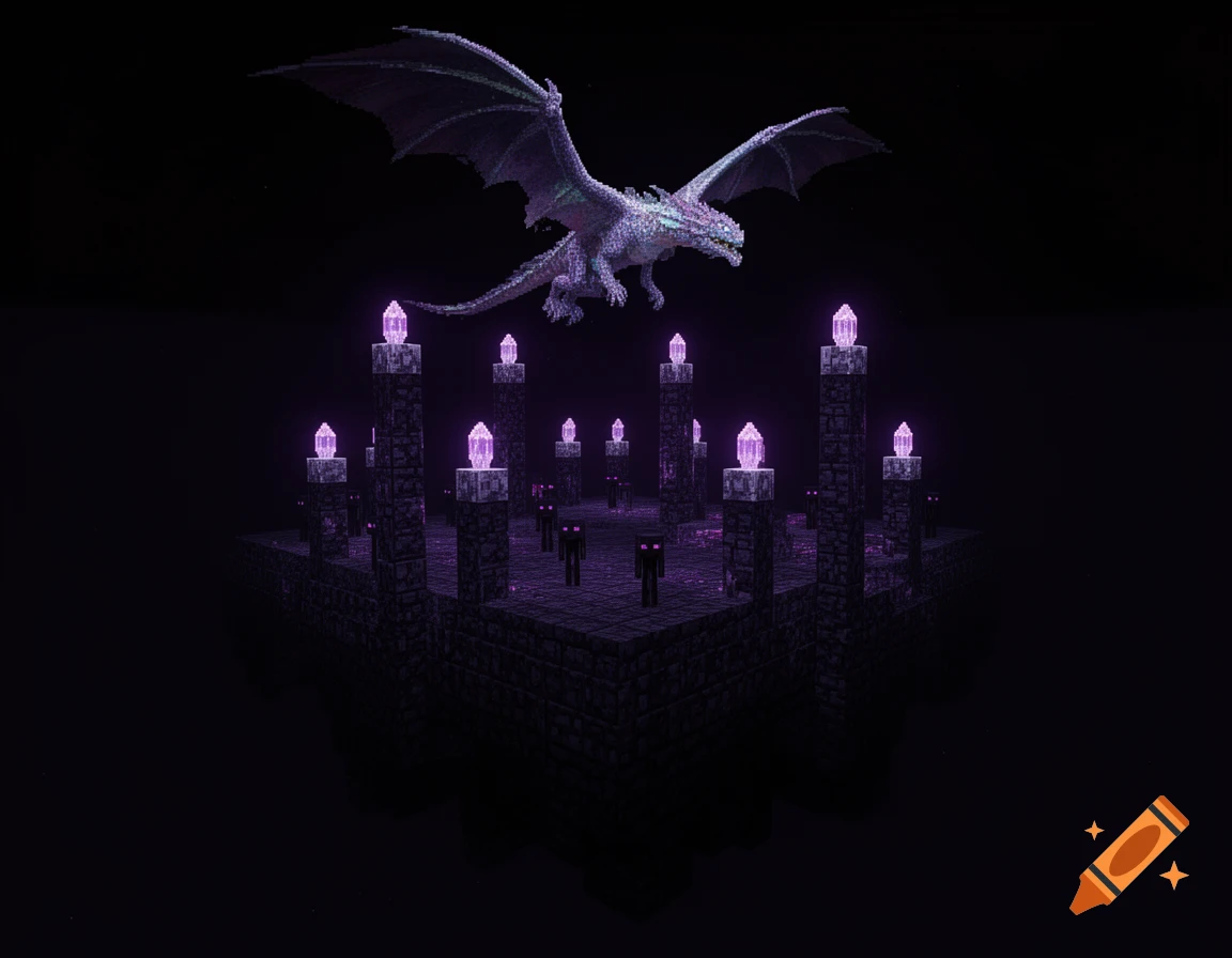 The Ender Dragon flies over a dark Minecraft End dimension platform ...