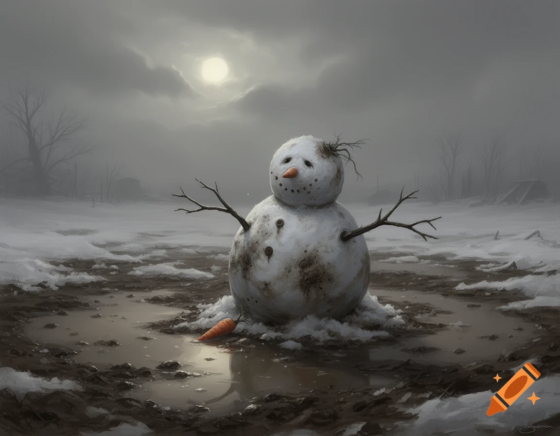 A dirty, melting snowman stands in a muddy, snowy field under a gloomy ...