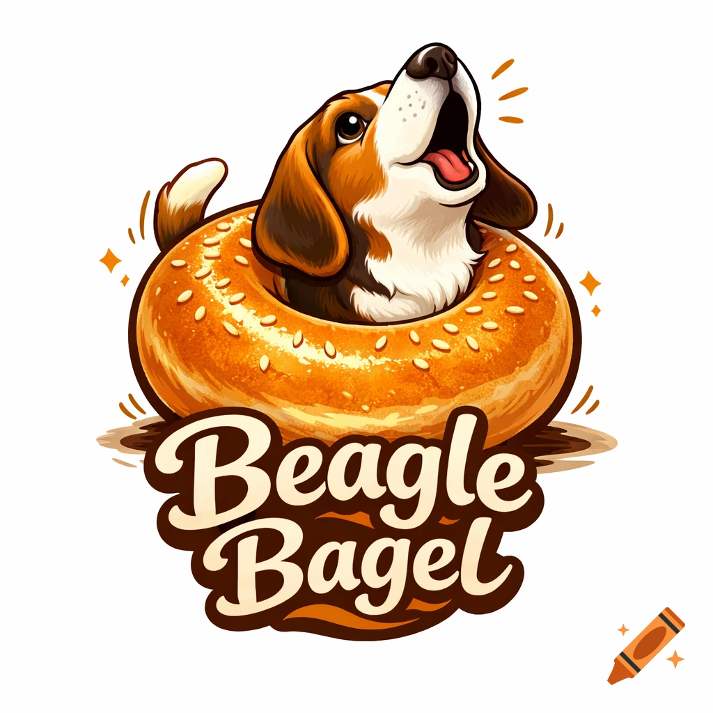 A cute cartoon beagle dog head howling from the center of a sesame seed ...