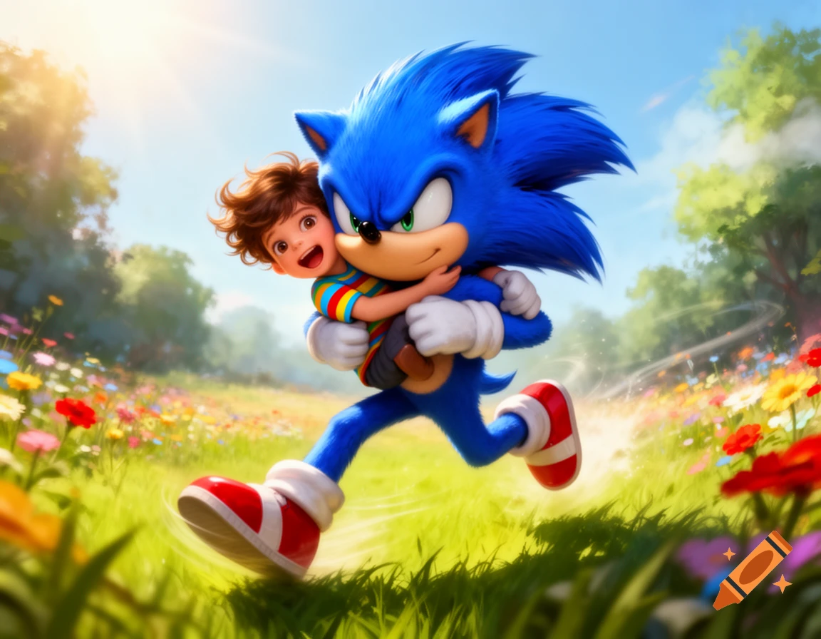 Sonic the Hedgehog runs through a sunny meadow, carrying a smiling ...