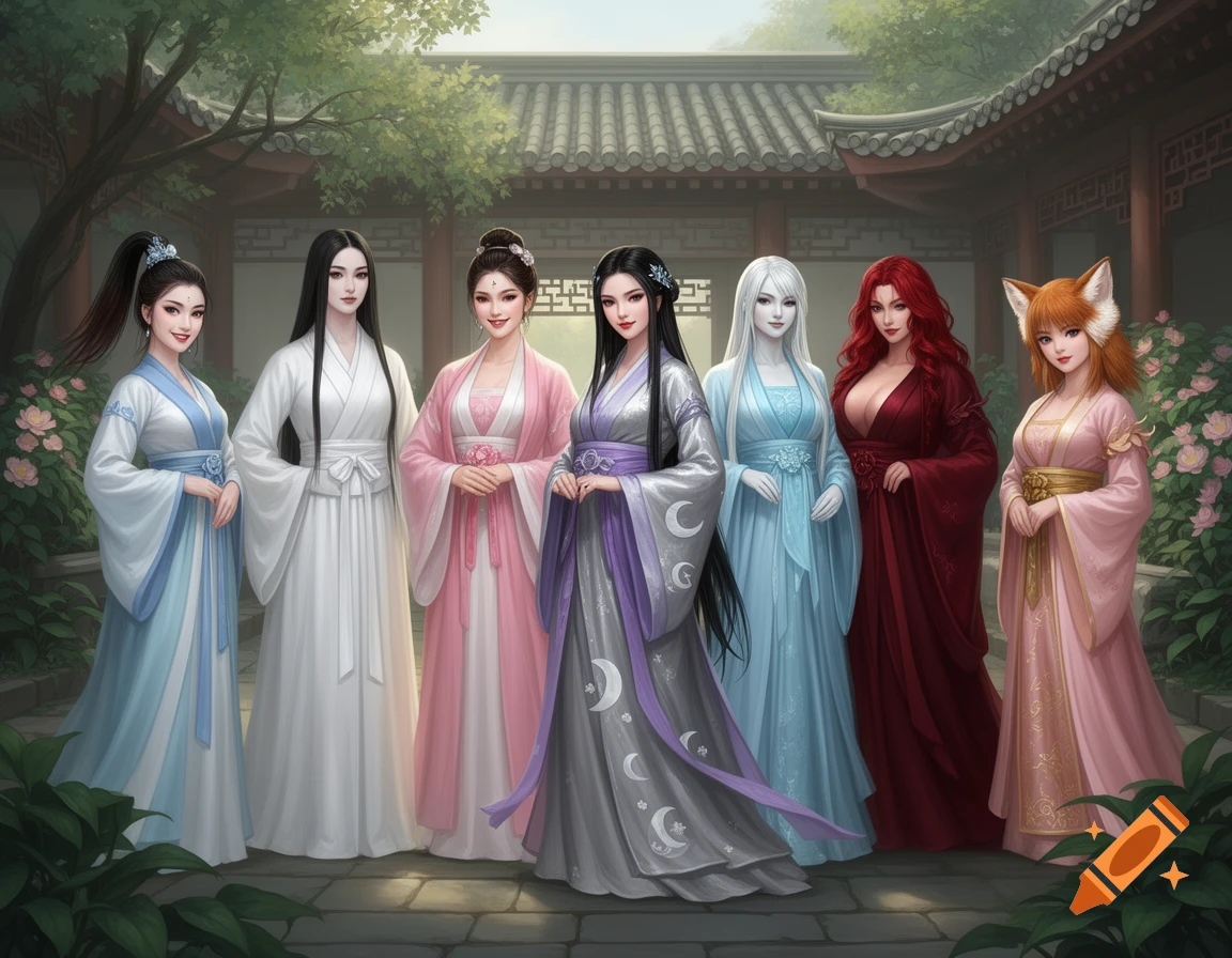 Six women in colorful traditional Chinese hanfu dresses stand in a ...