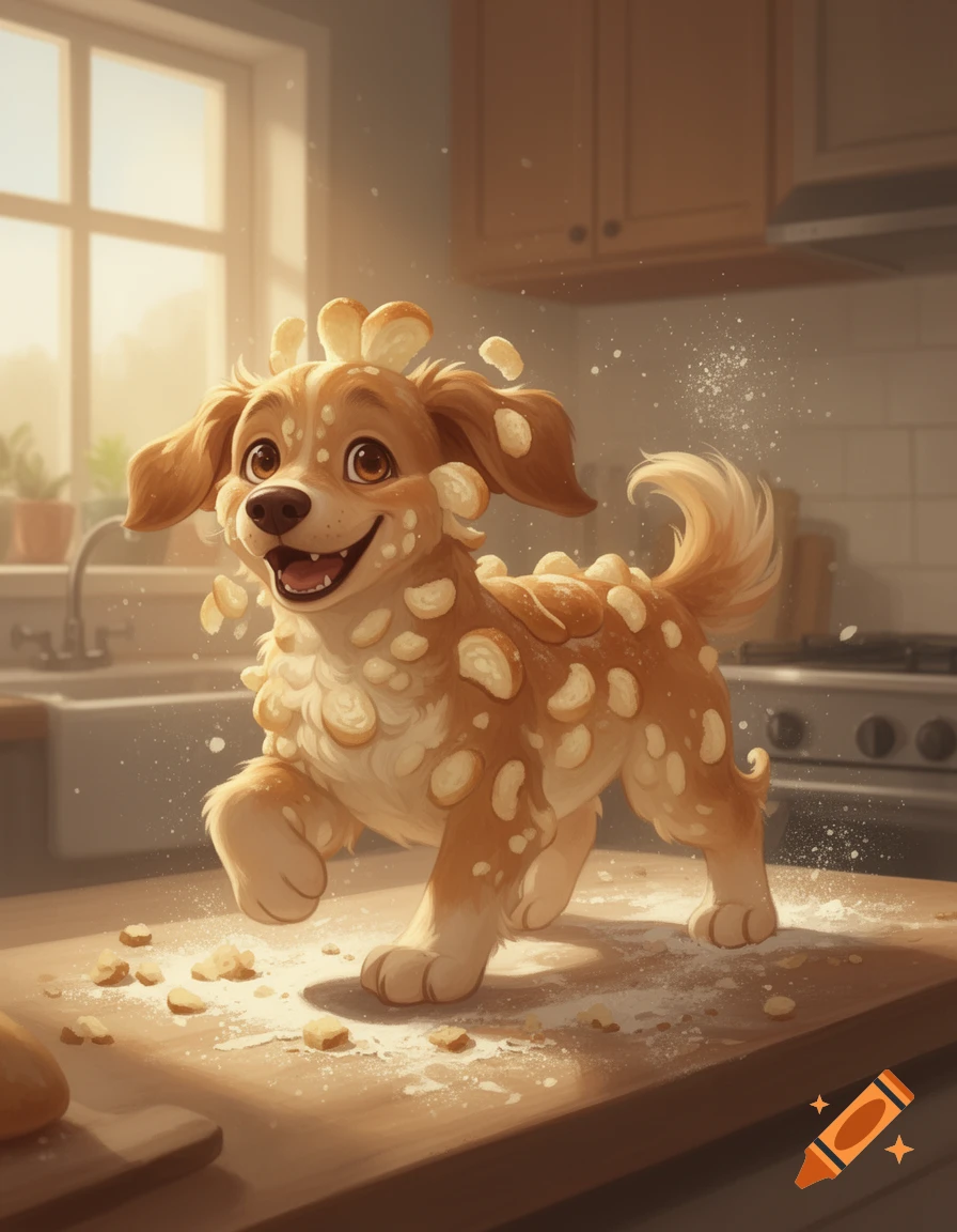 A cute, cartoonish dog covered in bread pieces and flour stands on a ...