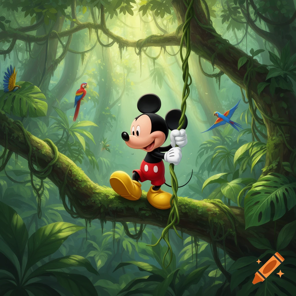 Mickey Mouse on a mossy jungle branch, holding a green vine, with ...