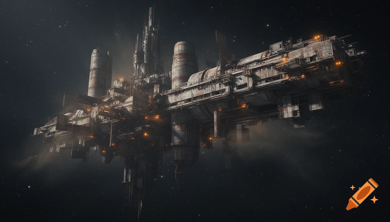 A detailed, weathered sci-fi megastructure with glowing lights floats ...