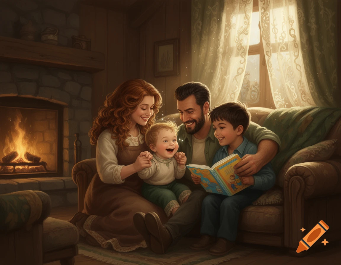 A happy family of four, parents and two sons, are cozily gathered by a ...