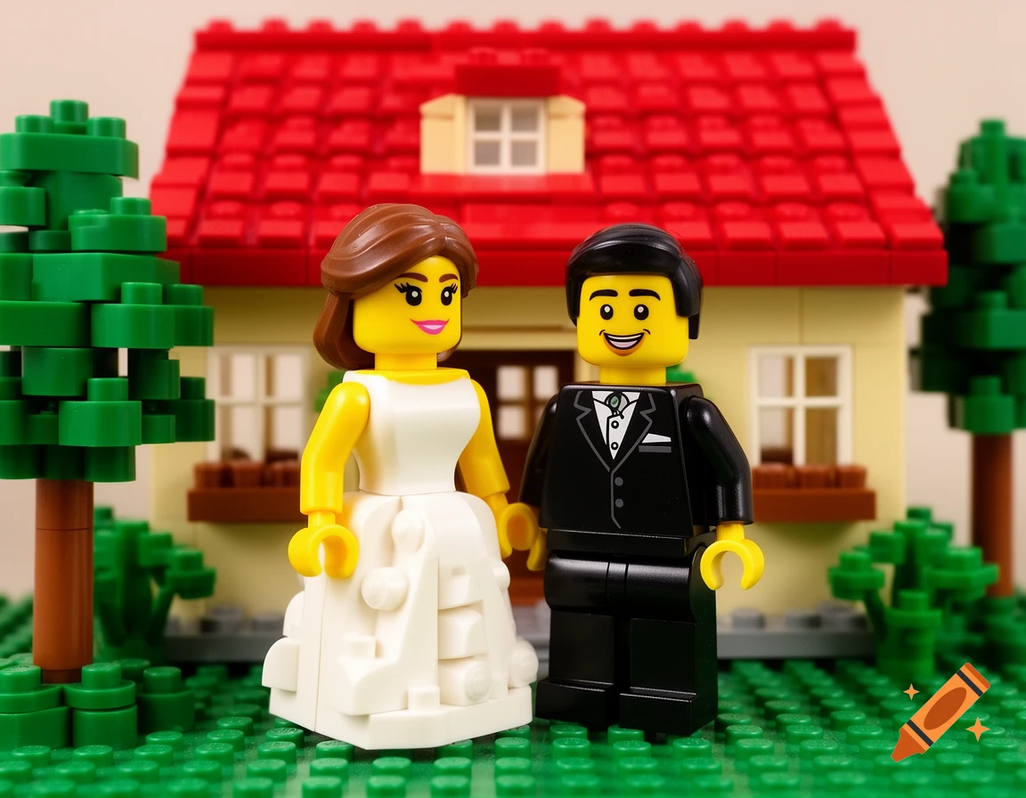 A Lego bride in a white dress and a groom in a black suit stand in ...