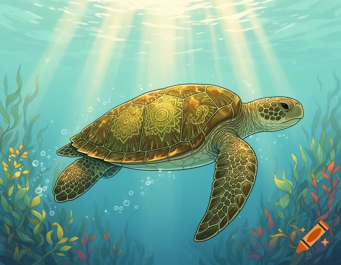 A vibrant illustration of a sea turtle swimming underwater, with light ...