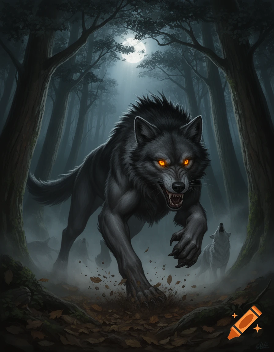 A fierce black wolf with glowing orange eyes lunges in a dark, misty ...