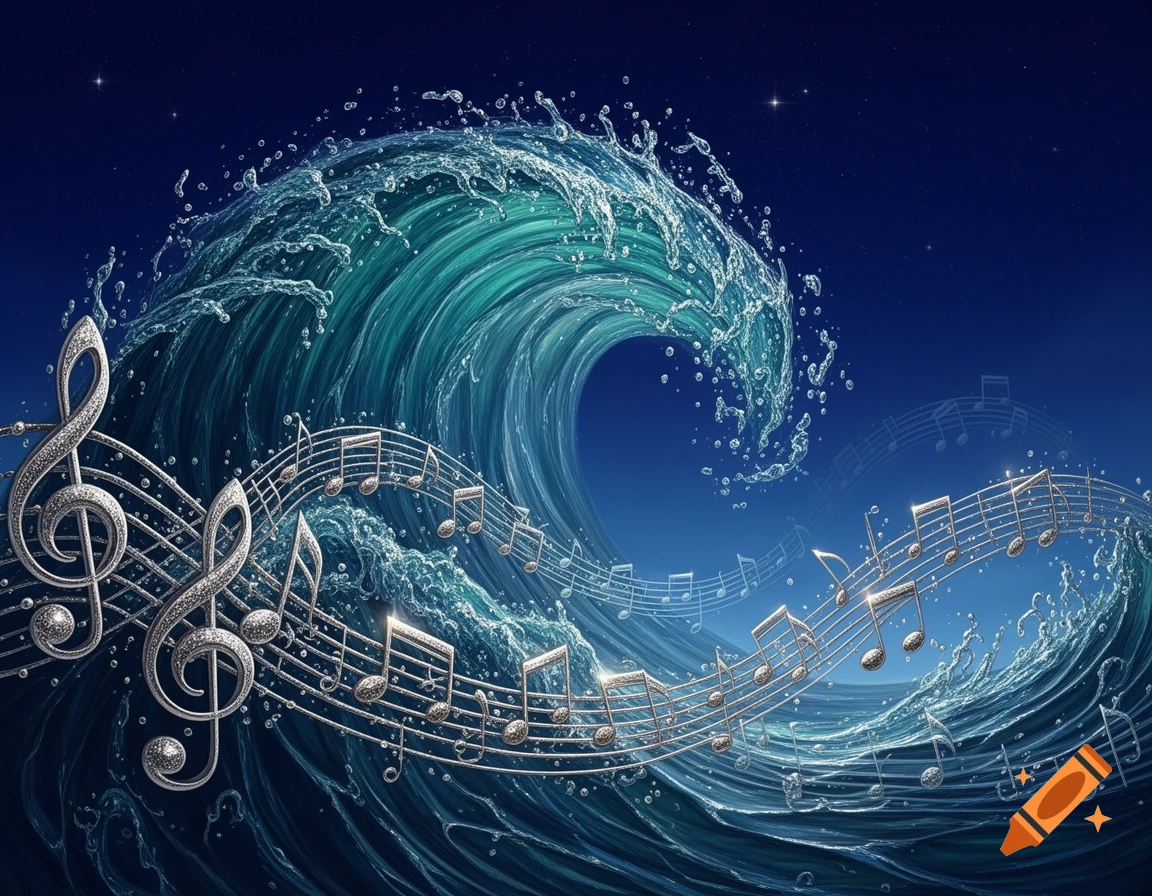 A dramatic blue ocean wave crashes, with silver musical notes and ...