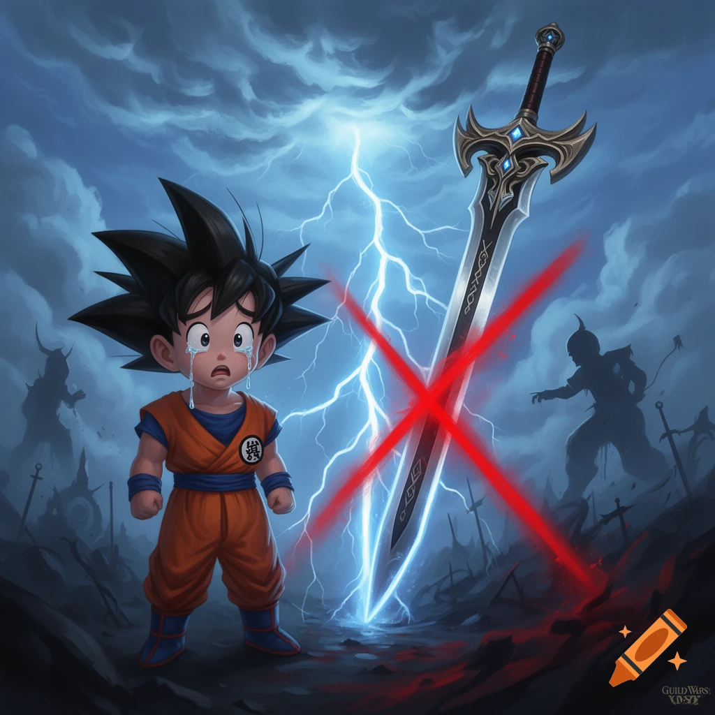 Chibi Goku cries with tears streaming down his face, standing beside a ...