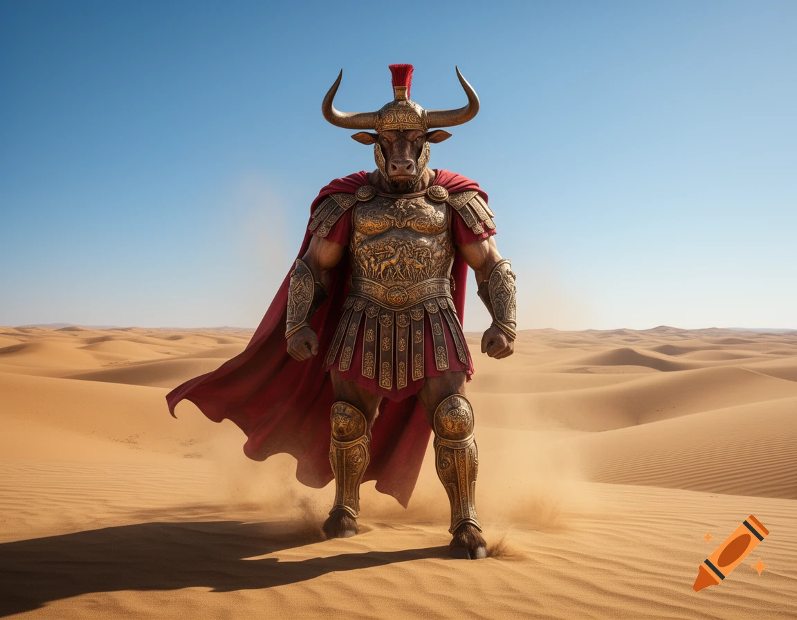 A majestic minotaur in detailed imperial Roman armor stands defiantly ...