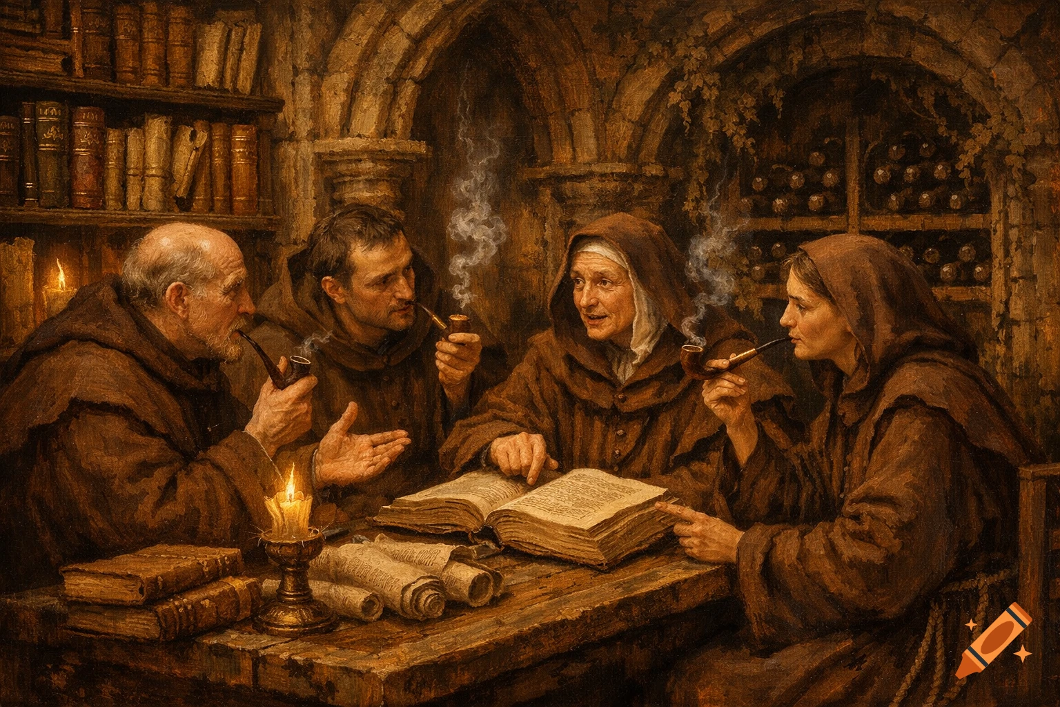 Painting of four monks, male and female, smoking pipes and discussing a ...