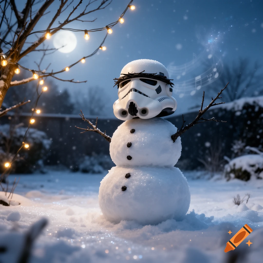 A snowman wearing a Stormtrooper helmet stands in a snowy night scene ...