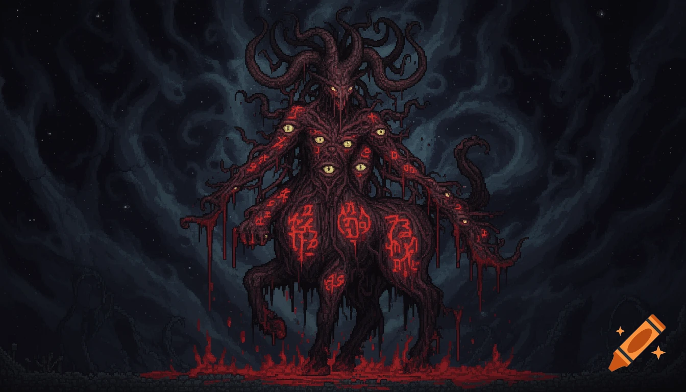 A pixel art cosmic horror centaur boss, dark red with multiple glowing ...