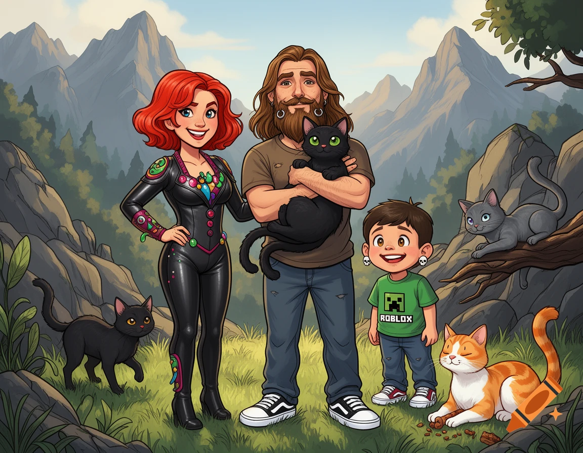 A comic-style drawing of a smiling family with four cats in a ...
