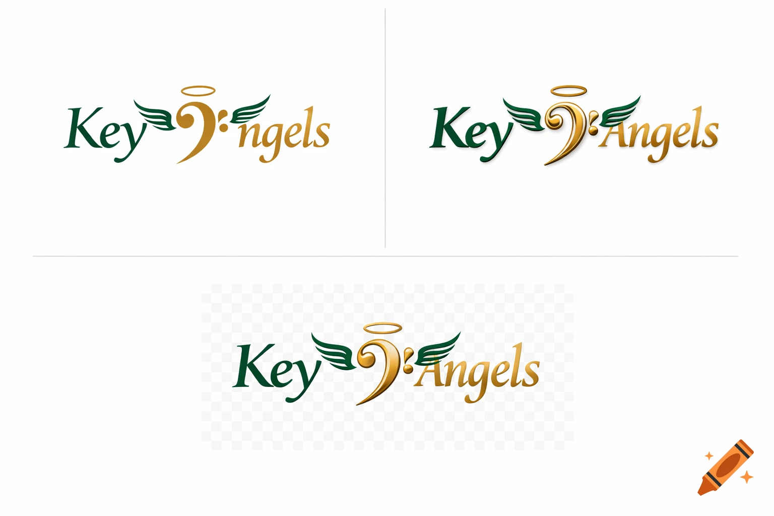 Logo for 'KeyAngels' with green 'Key', a golden winged bass clef with ...