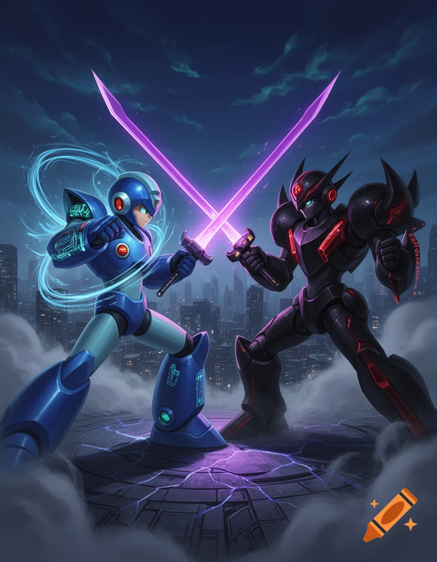Blue Mega Man X and black robot Black Zero duel with glowing purple ...