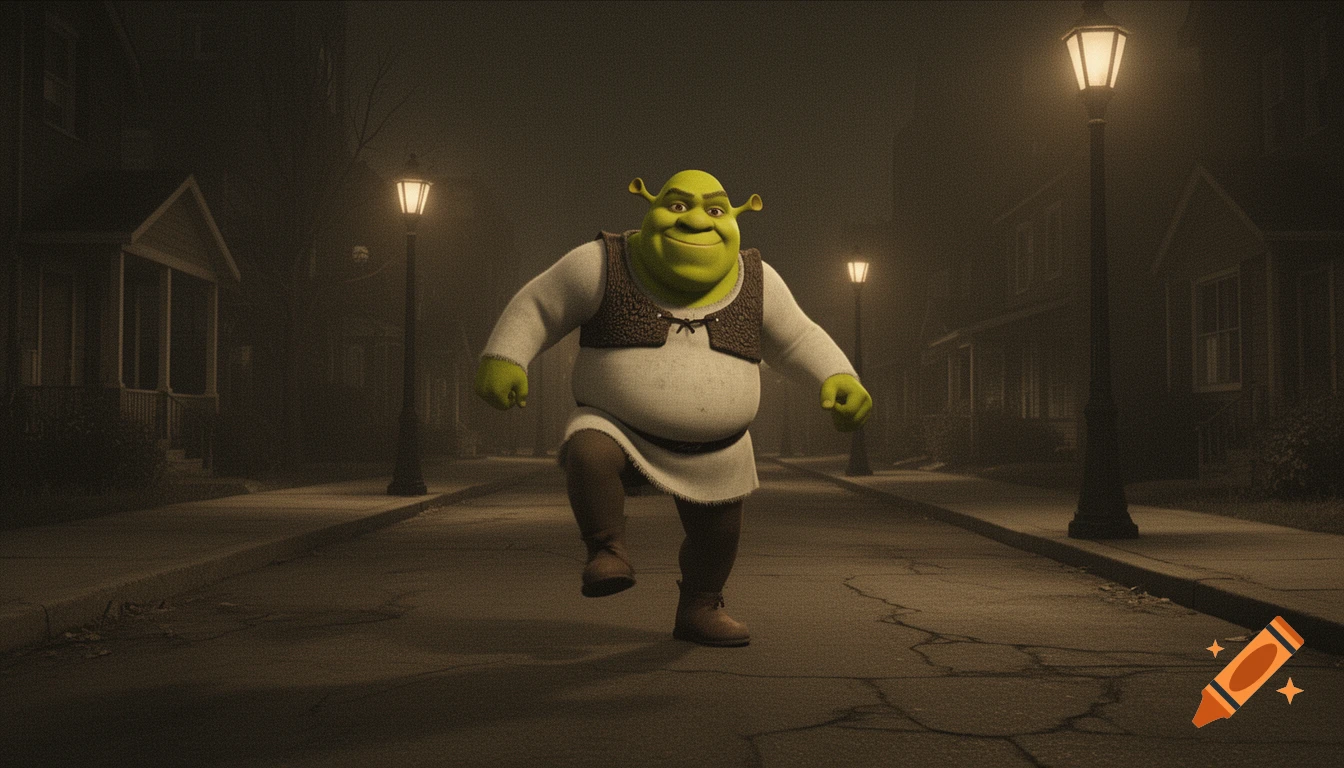 An obese Shrek, with a slight smile, walks down a dimly lit suburban ...