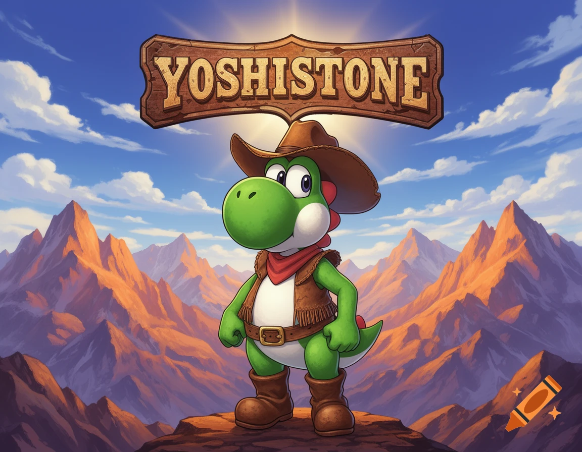 A cartoon Yoshi dressed as a cowboy stands on a cliff overlooking a ...