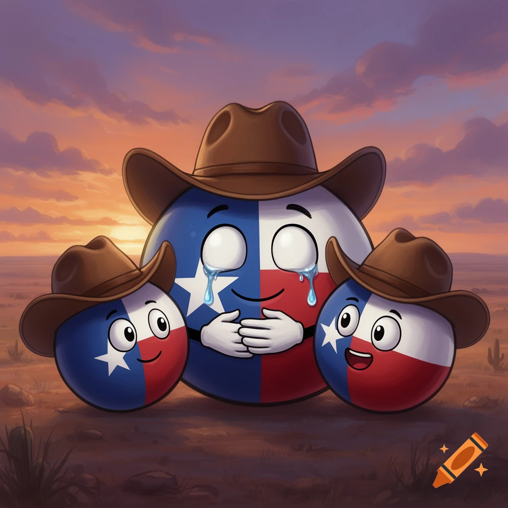 Three Texas countryball characters in cowboy hats, with one large ...