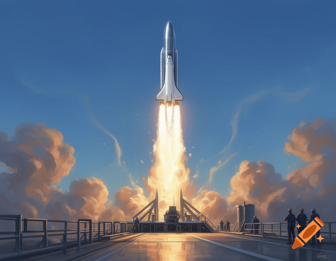 A white Space Shuttle rocket launches from a platform, with fiery ...