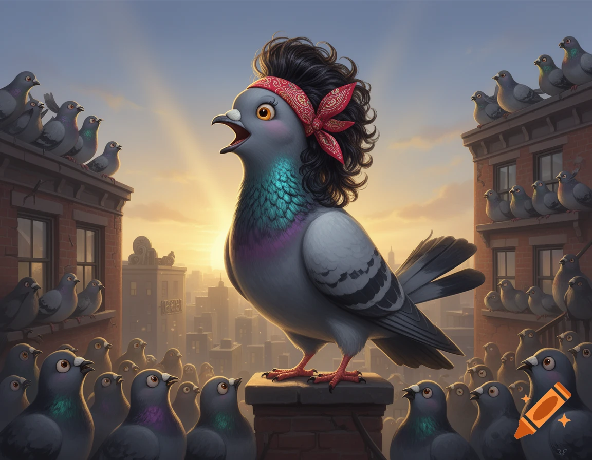A large cartoon pigeon with a curly mullet and red bandana sings atop a ...