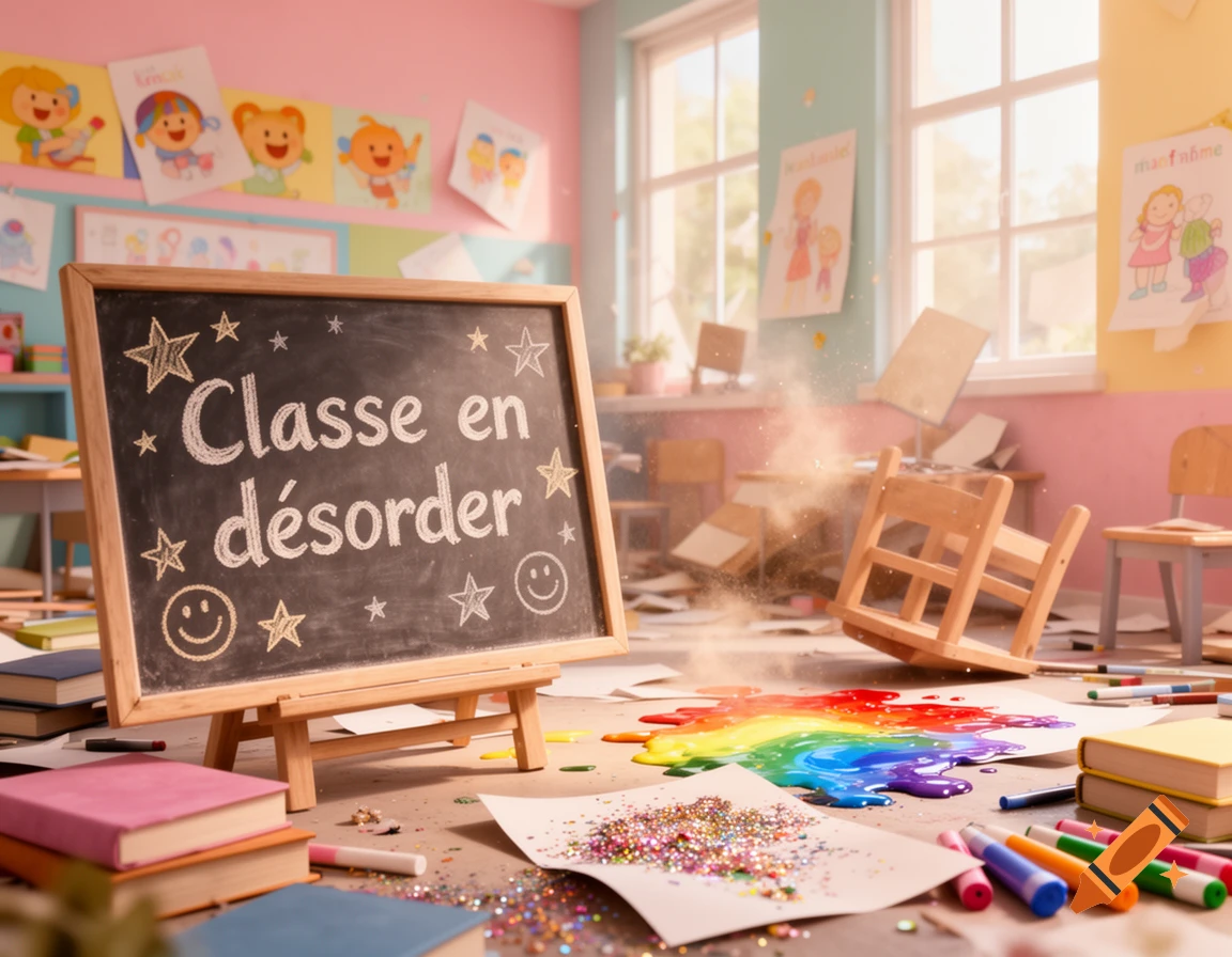 A very messy classroom with an easel blackboard in the foreground ...