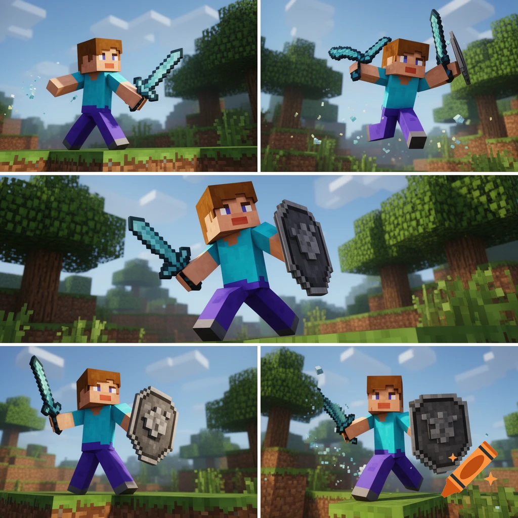 A Minecraft character with a diamond sword and shield shown in multiple ...