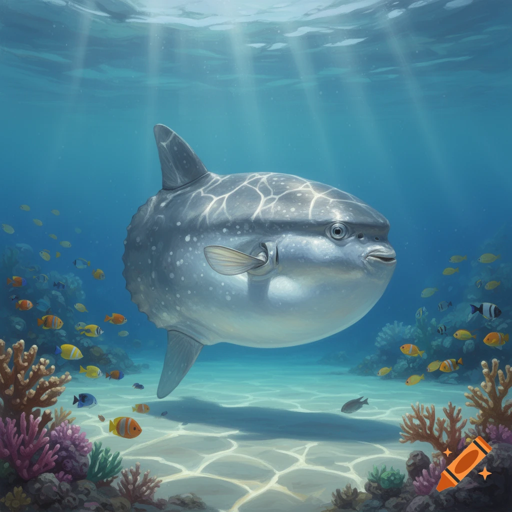 A large, silvery sunfish swims in a vibrant blue ocean, surrounded by ...