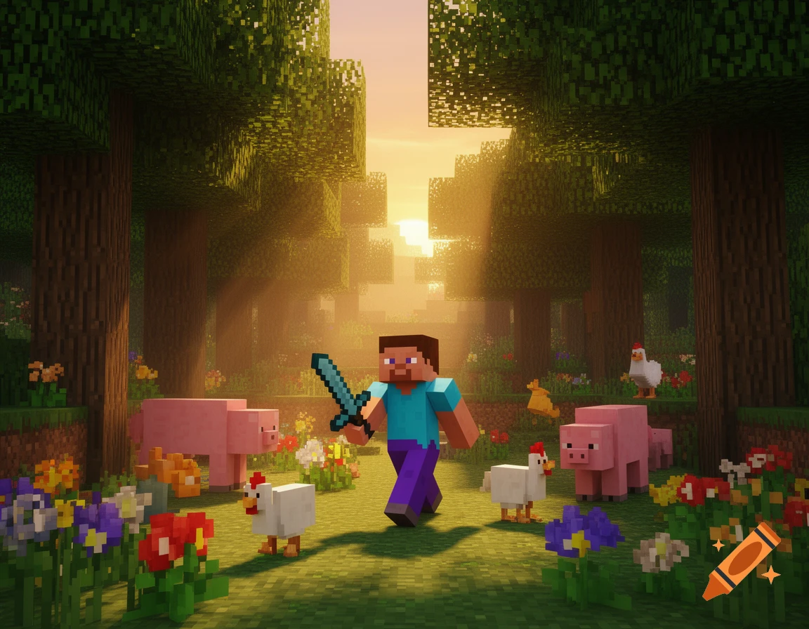 Minecraft Steve with a diamond sword walks through a sunny, blocky ...