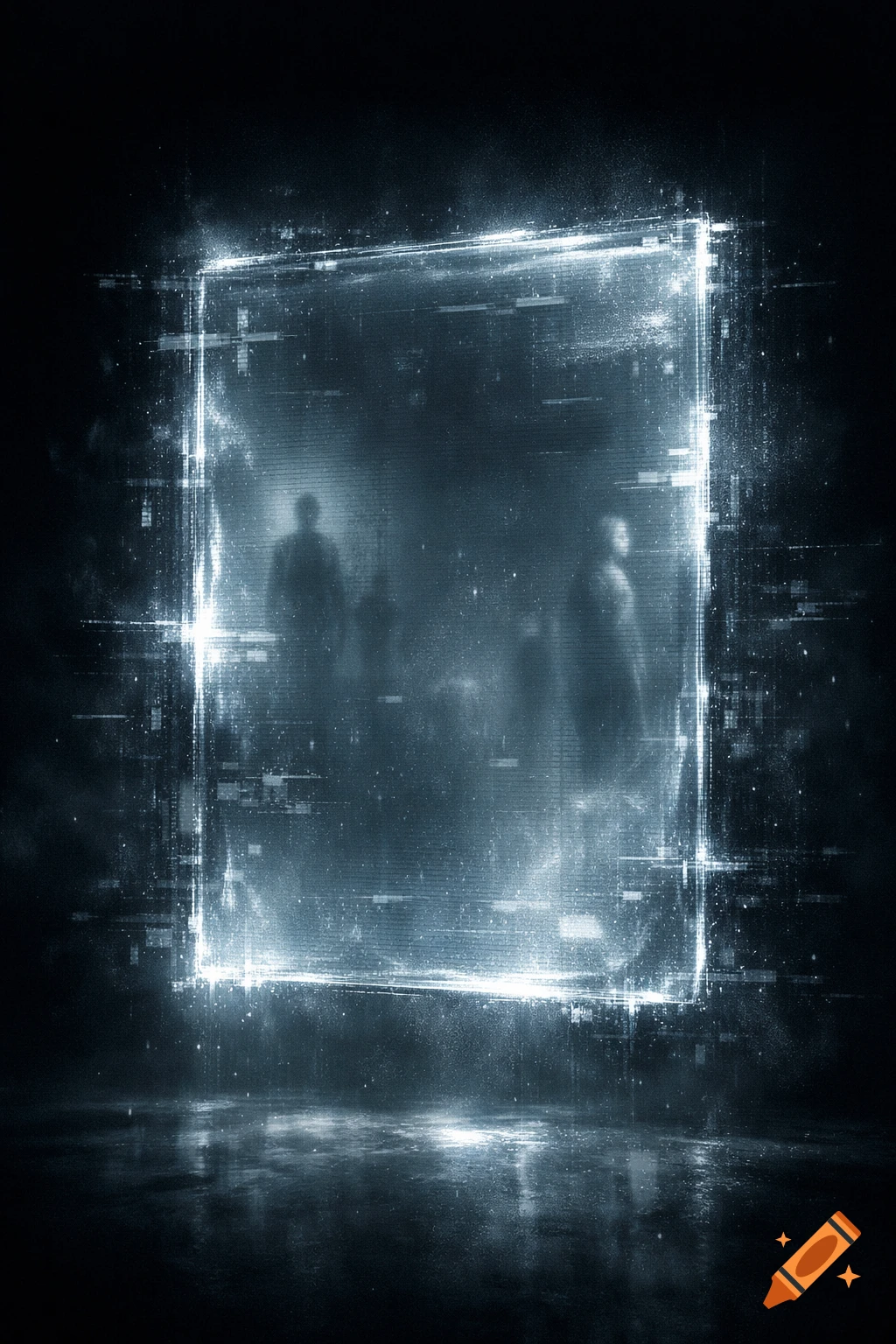 A glowing, glitchy digital square frame with faint, low-resolution ...