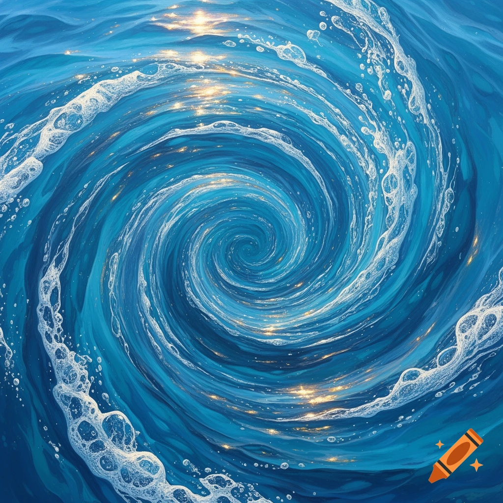 Vibrant blue swirling vortex of water with white foam and golden ...