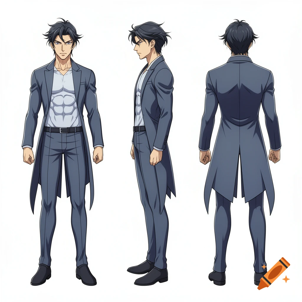 Anime male character model sheet, front, side, and back views, in a ...