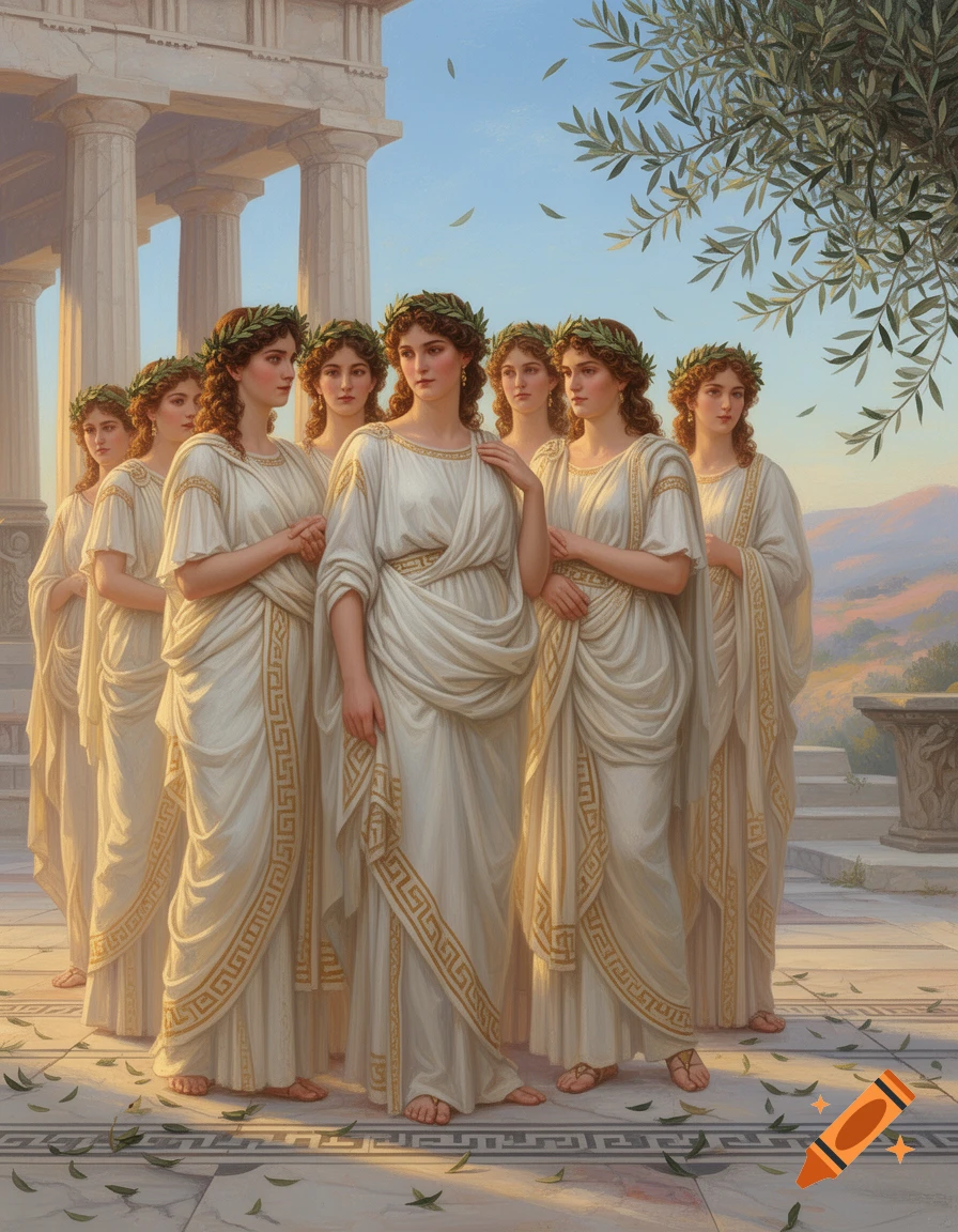 Seven women in white Greek robes with olive wreaths stand in front of ...