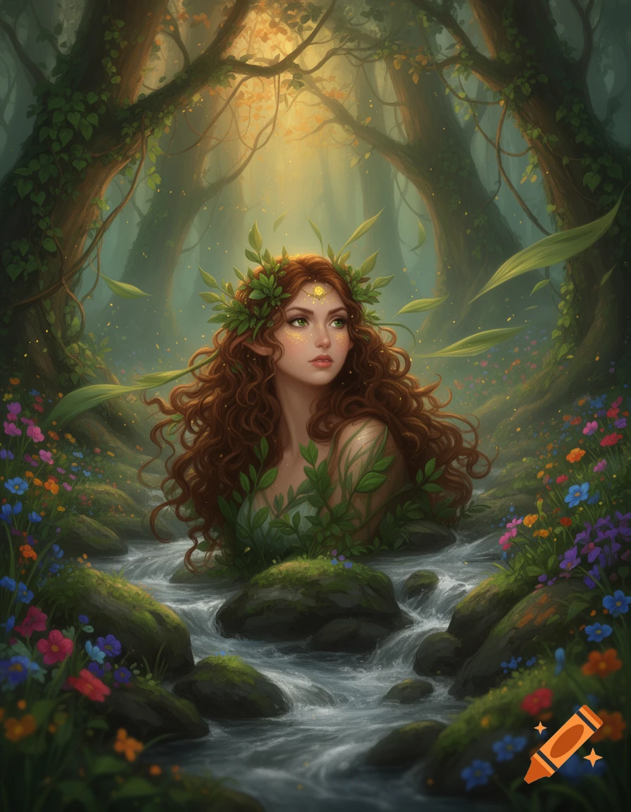 A beautiful, red-haired wood nymph with pointed ears in a magical ...
