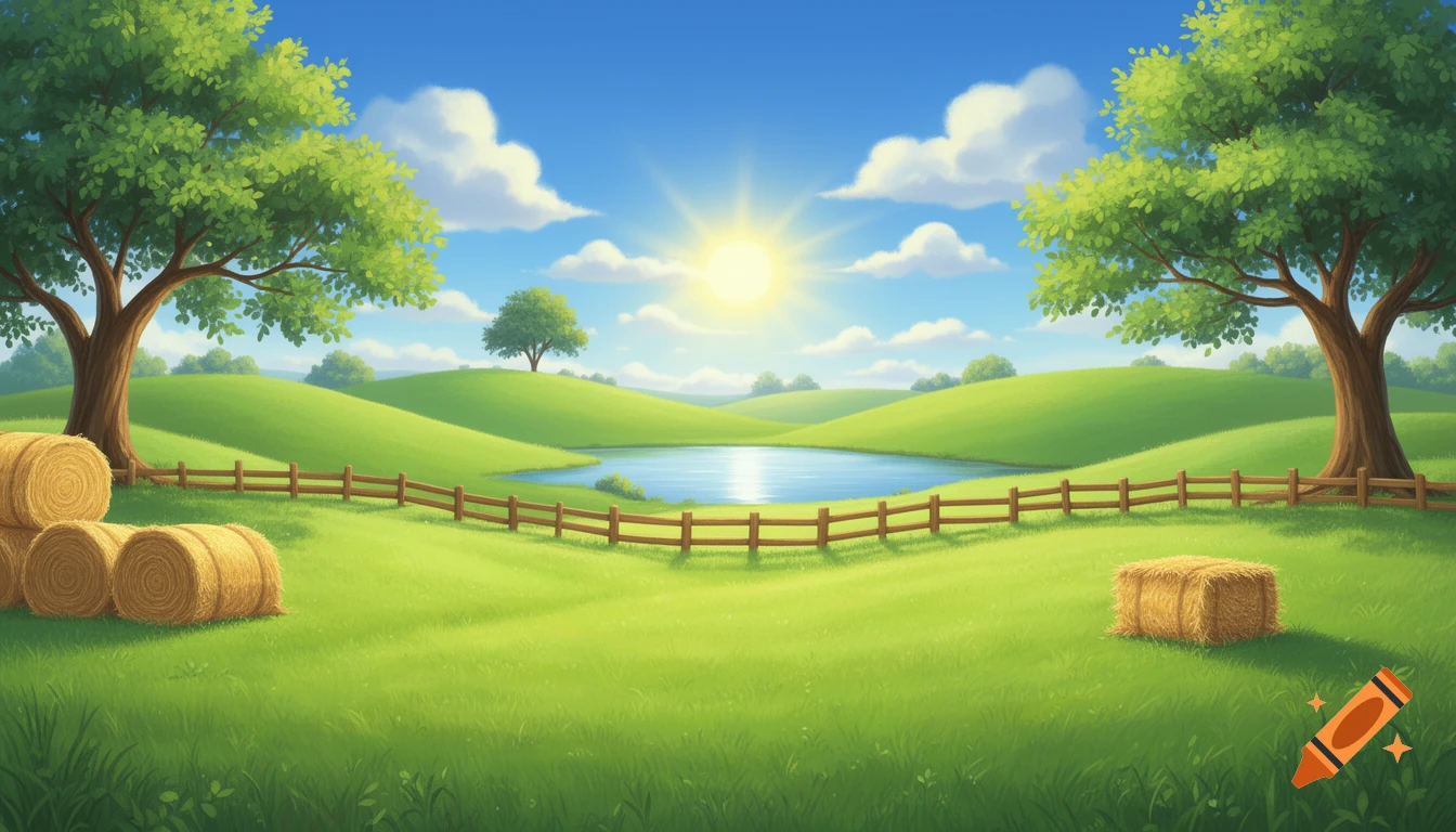 Cartoon farm landscape with hay bales, a pond, green rolling hills ...