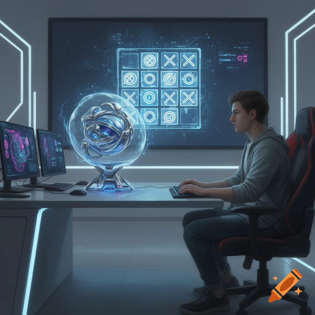 A young man playing a Tic-Tac-Toe game on a futuristic computer setup ...