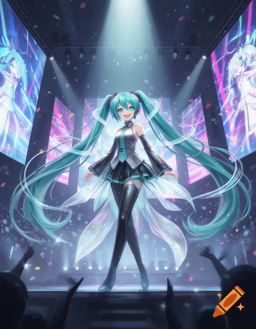 Hatsune Miku performs on a brightly lit stage with confetti falling ...