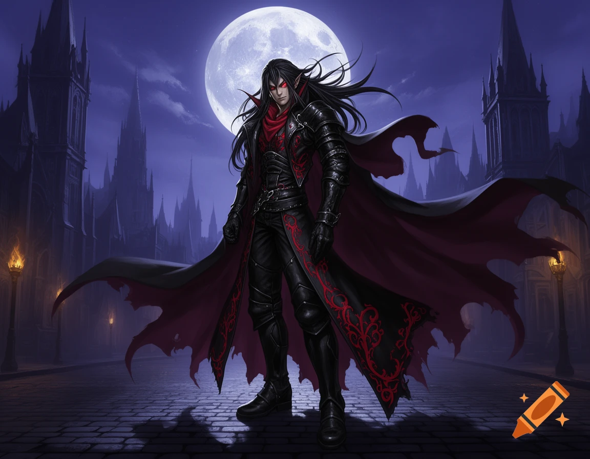 A male vampire with long black hair, red eyes, and a black and red cape stands on a cobblestone ...