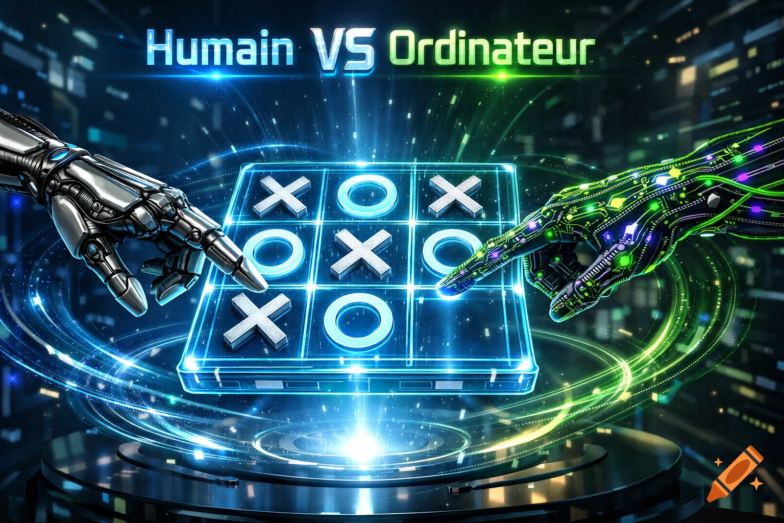 Futuristic robotic and circuit hands play tic-tac-toe on a glowing ...