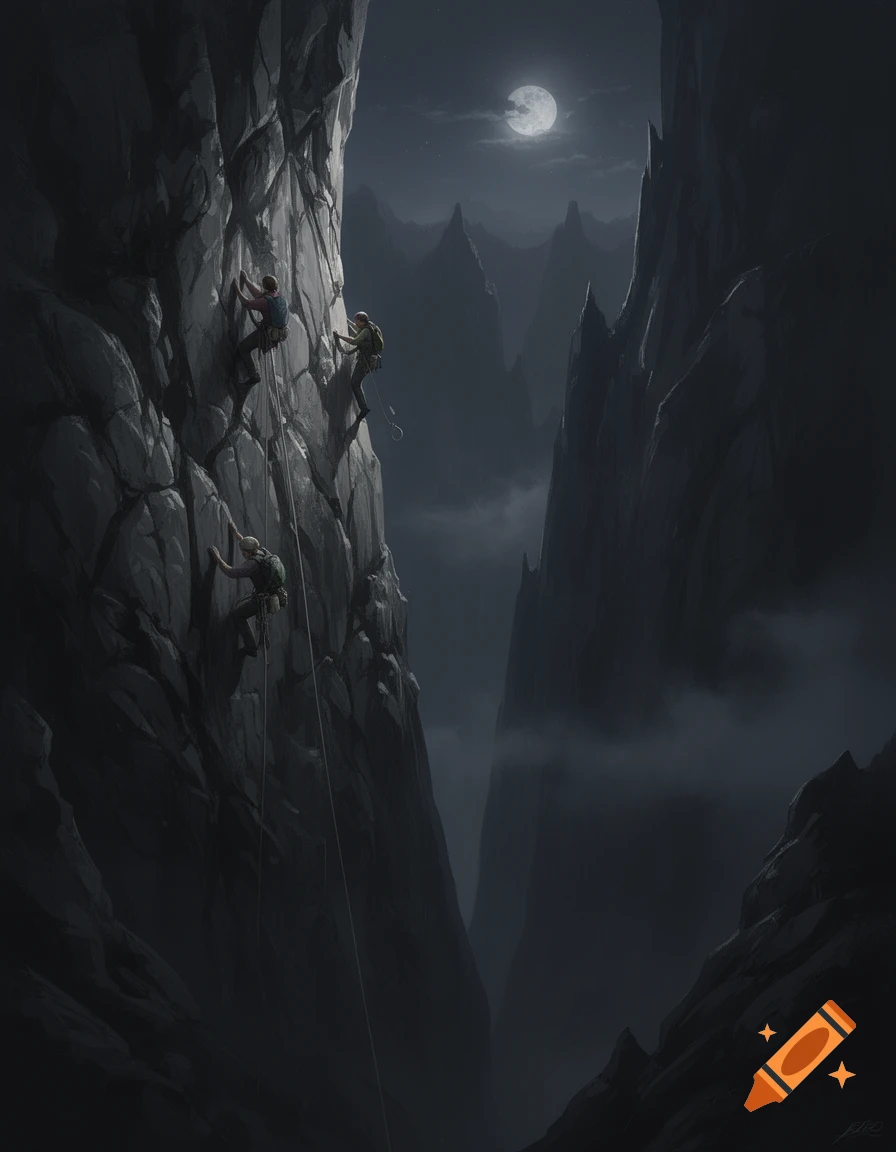 Three figures rappel down a dark, craggy cliff under a full moon, with ...