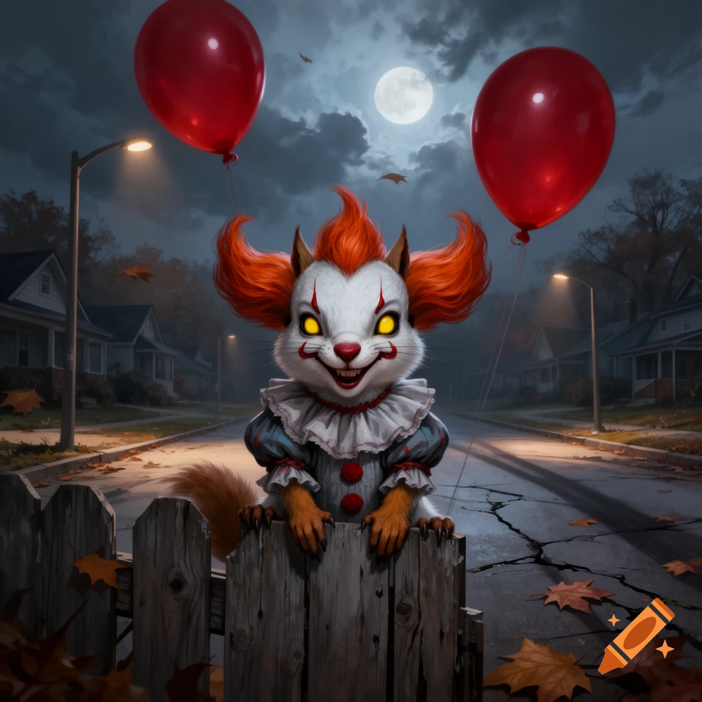 A menacing squirrel dressed as Pennywise the clown, holding two red ...
