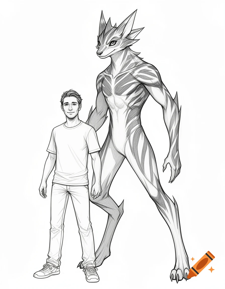 A full-body sketch of a human male standing next to a tall, lean ...