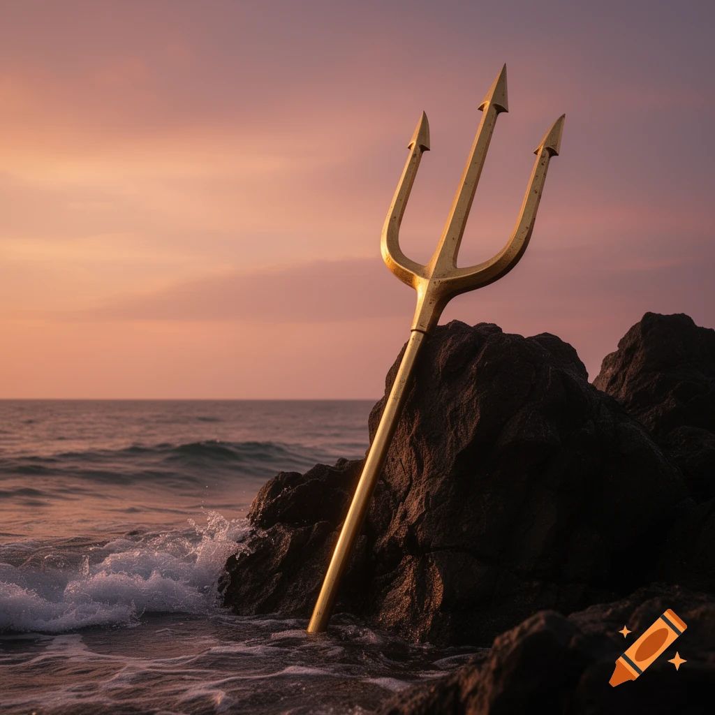 A photorealistic golden trident leans against dark ocean rocks, with ...