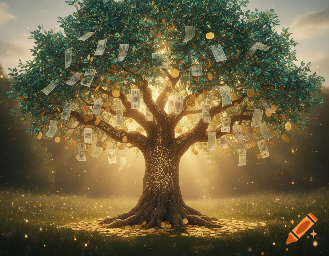 A magical money tree with a strong trunk and lush green leaves, adorned ...