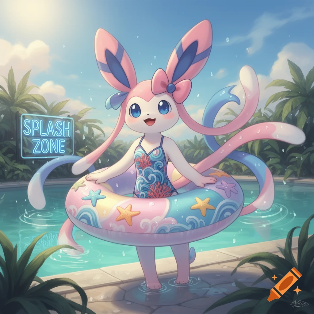 Sylveon in a blue and red swimsuit and a colorful pool float stands in ...