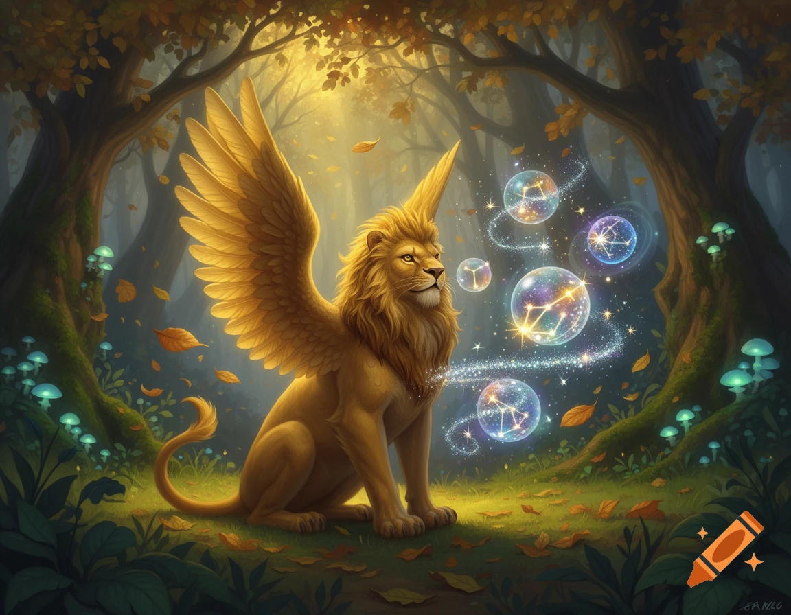 A majestic golden winged lion sits in an enchanted forest, creating ...